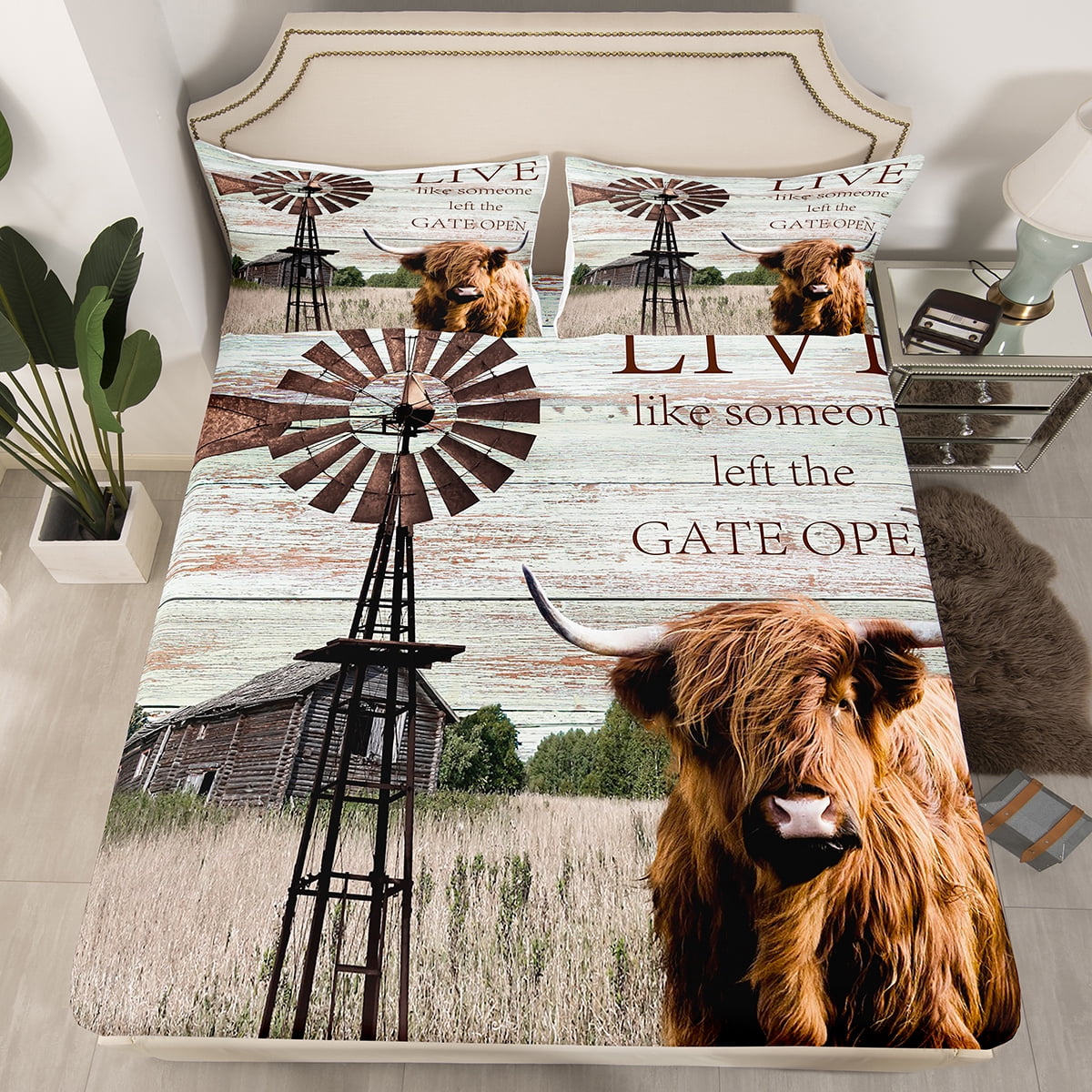 Highland Cow Fitted Sheet Garden Windmill Decor Farmhouse Bed Sheets ...