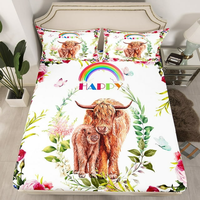 Highland Cow Fitted Sheet,Longhorn Bull Cattle Bedding Set Queen Western Cowboys Decor,Rustic ...