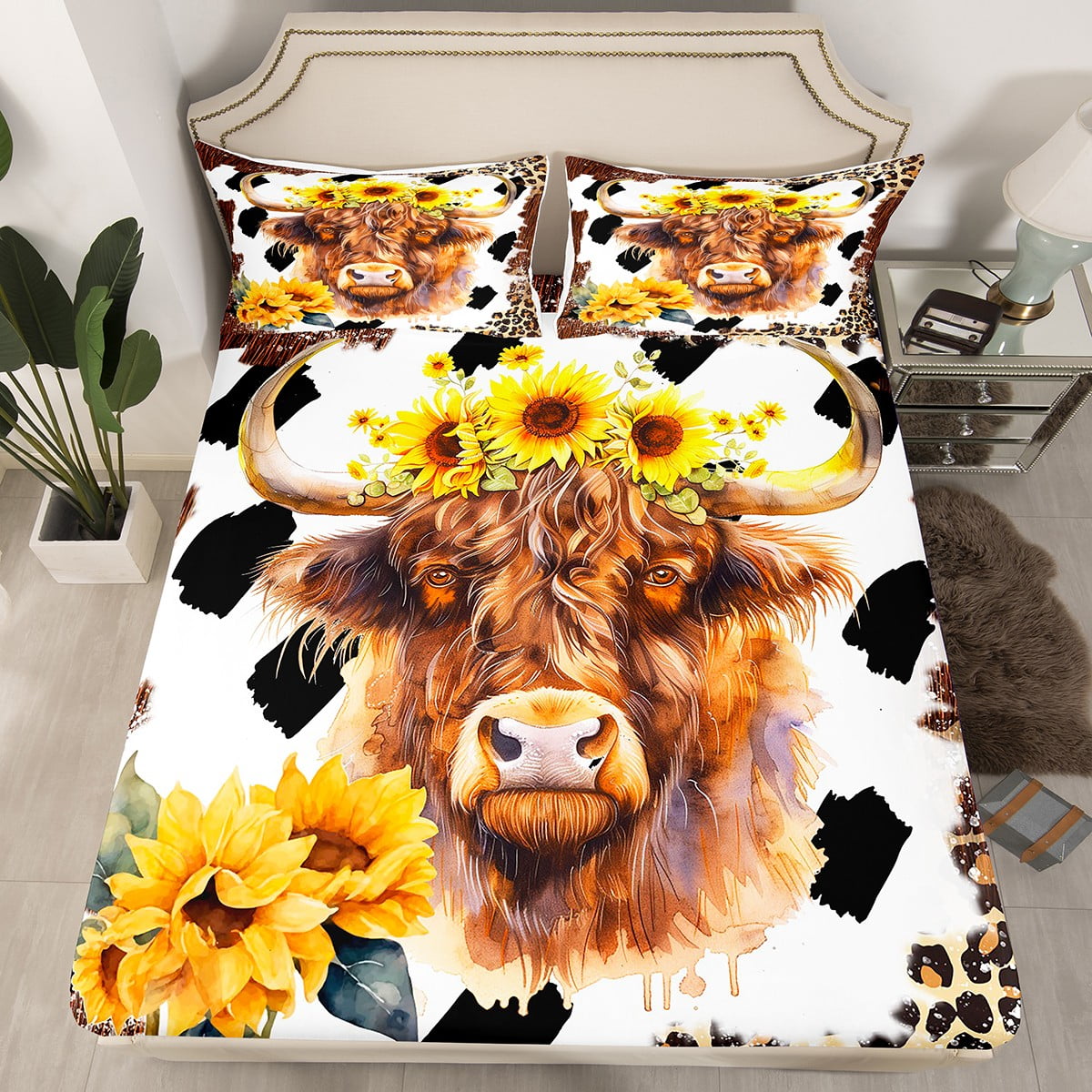 Highland Cow Fitted Sheet Sunflower Bed Sheets Full,Leopard Print Cowhide Sheets Farm Animals ...