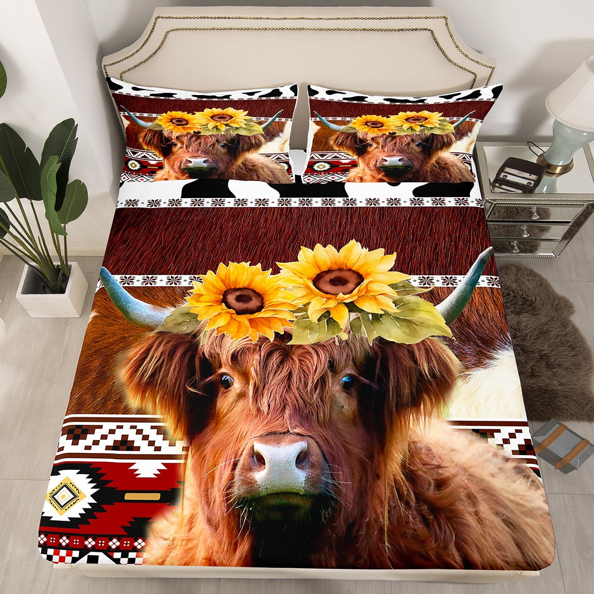 Highland Cow Fitted Sheet Sunflower Bed Sheets Queen,Patchwork Cow Print Cowhide Sheets Geometry ...