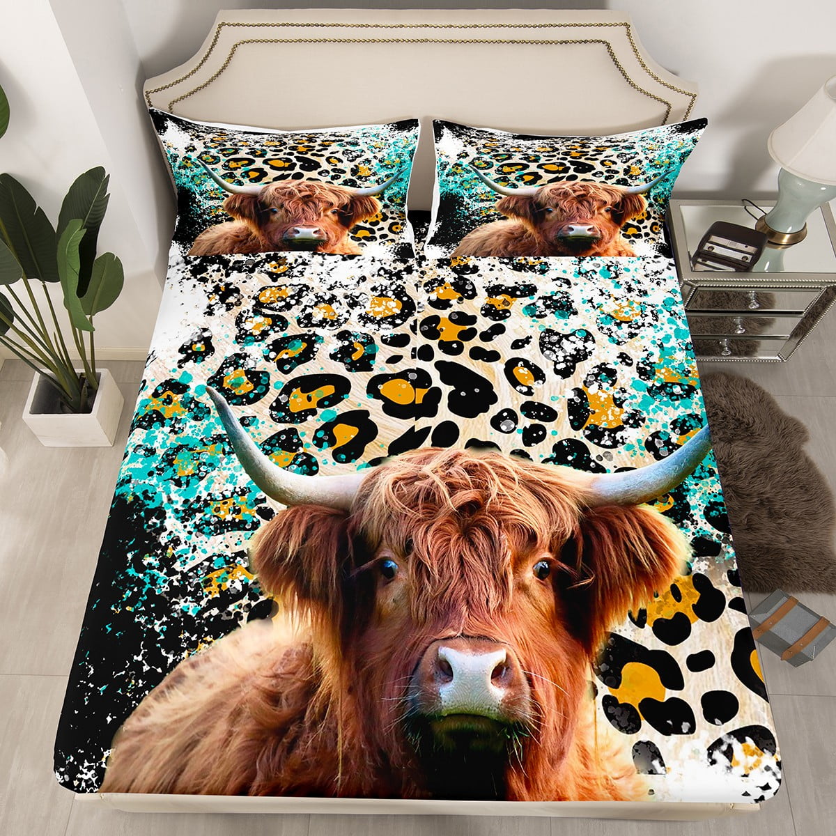 Highland Cow Fitted Sheet Teal Brown Leopard Print Bed Sheets Full ...