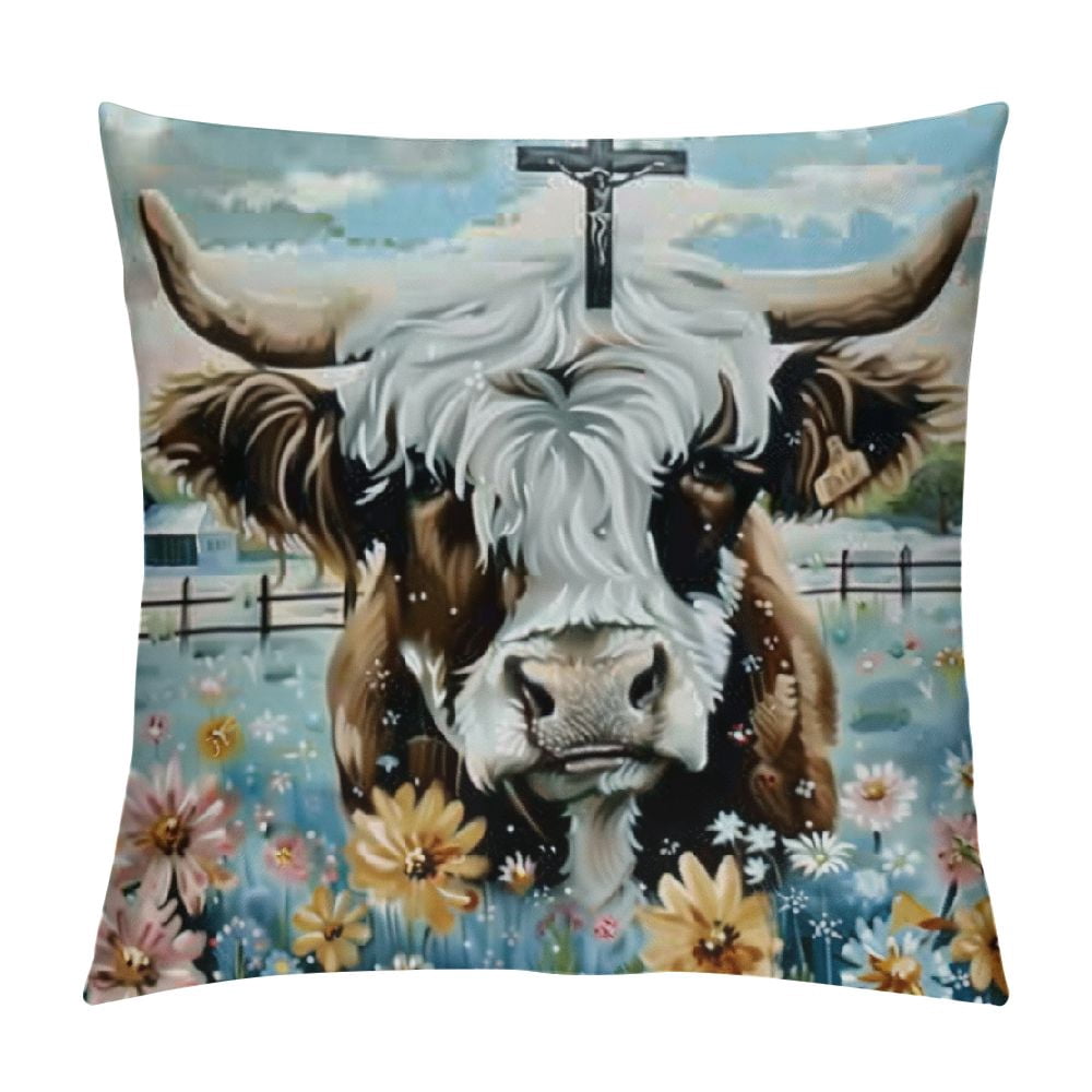 Highland Cow Flannel Pillow Cover Rustic Farmhouse Picture Cute Cattle ...
