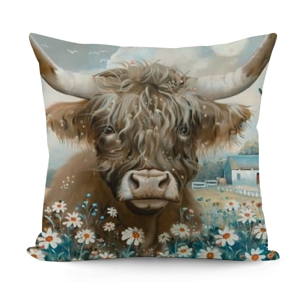 Highland Cow Flannel Pillow Cover Rustic Farmhouse Picture Cute Cattle ...