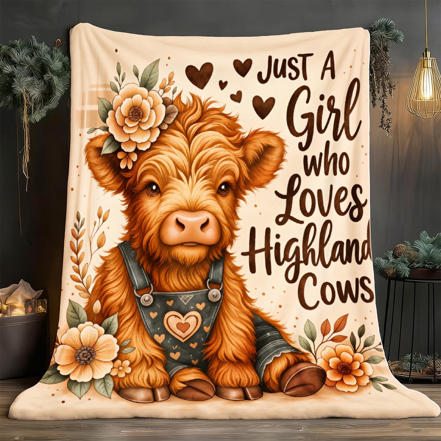 Highland Cow Flannel Throw Blanket - Floral Heart Overalls, Ultra-Soft ...