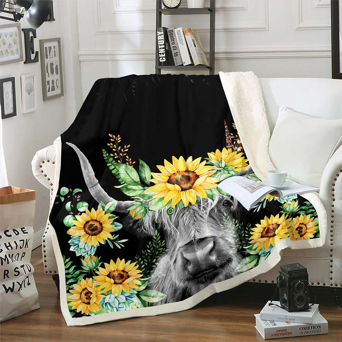 Highland Cow Fleece Throw Blanket Sunflower Floral Western Cow Bull ...
