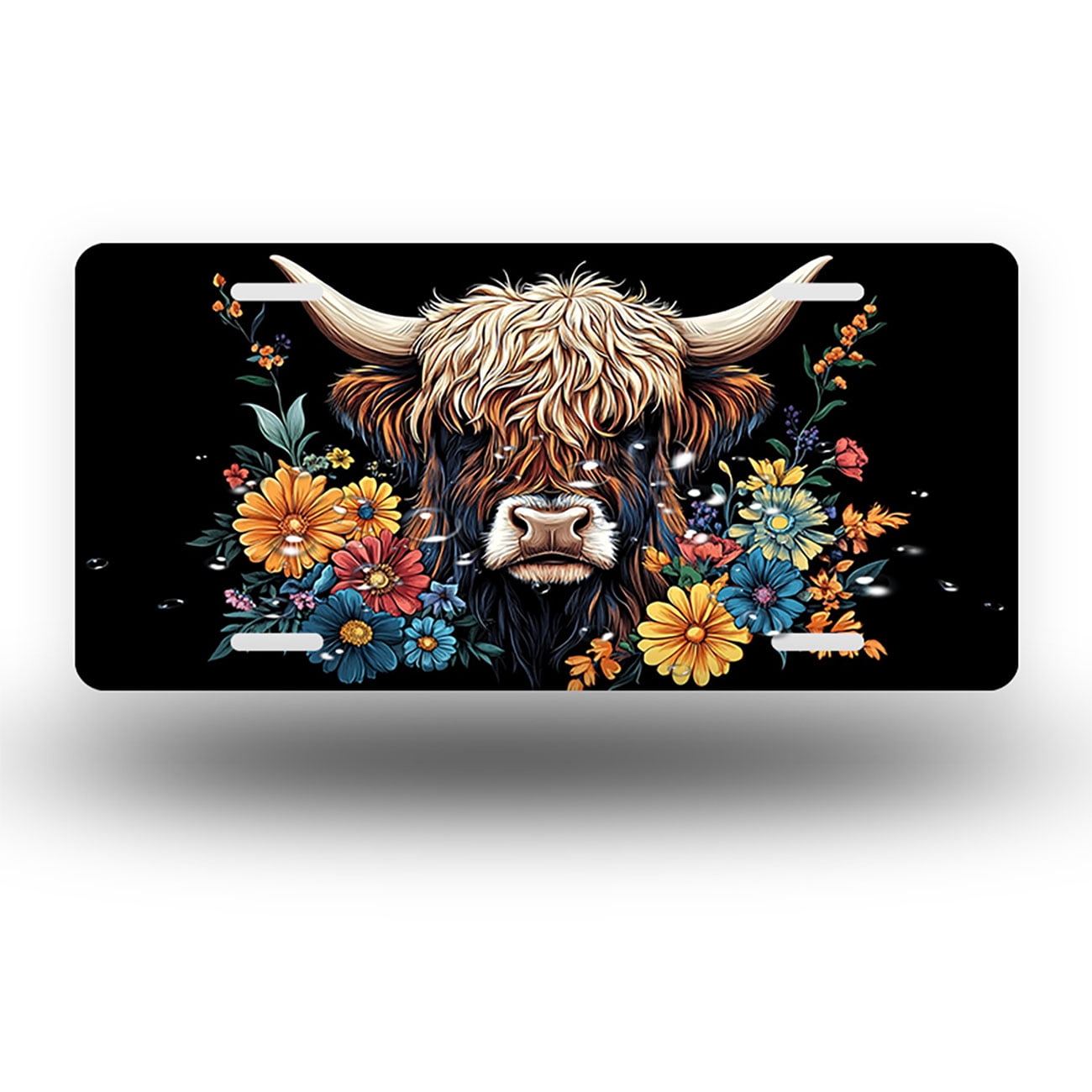 Highland Cow with Floral Arrangement on Black Front License Plate,Metal ...