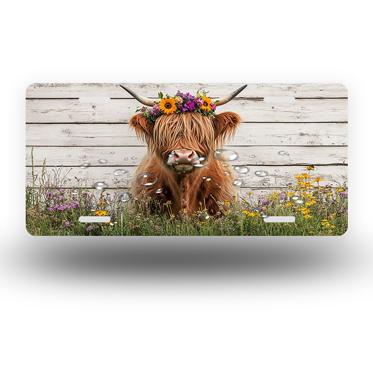 Highland Cow with Floral Crown by White Planks Front License Plate ...