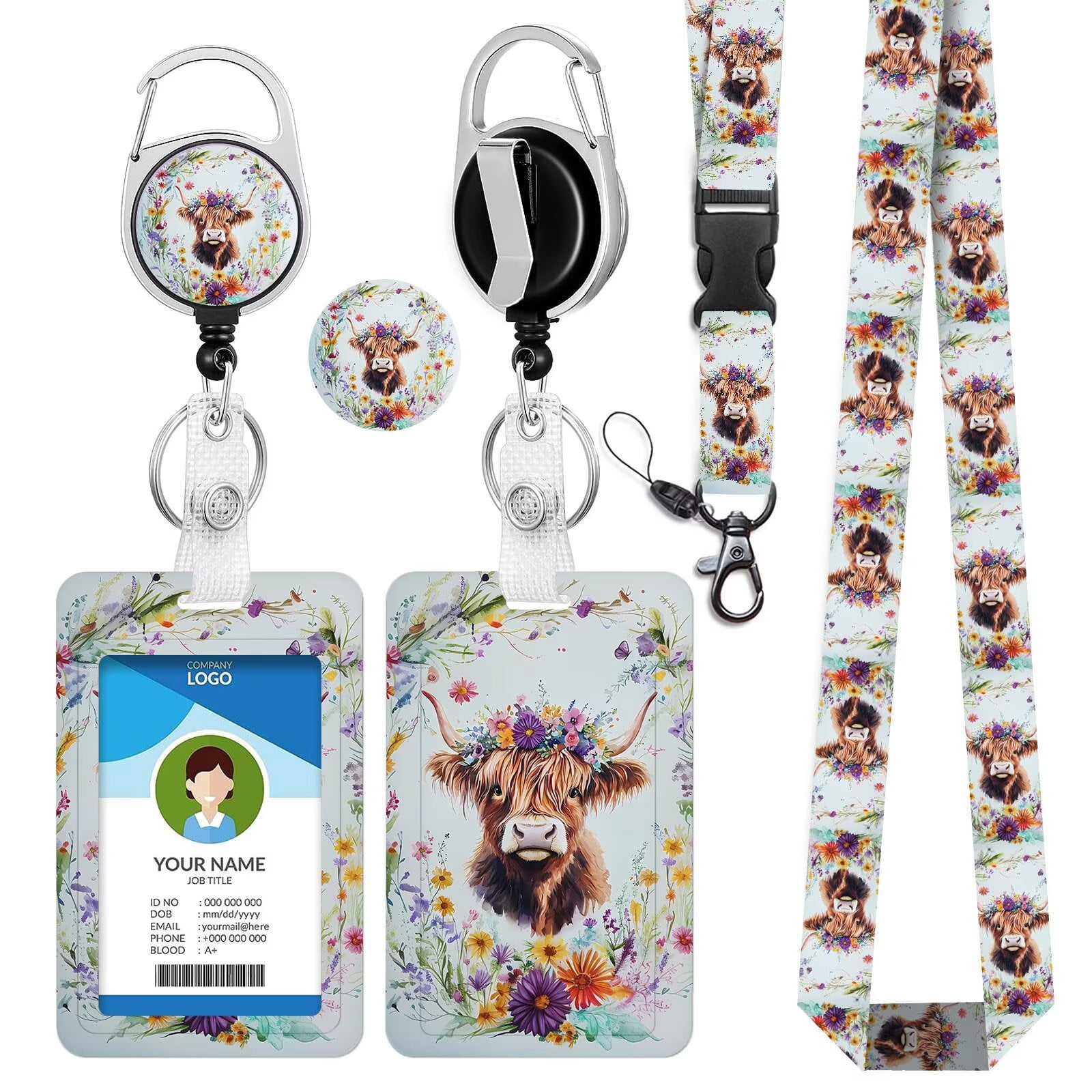 Highland Cow Floral Id Badge Holder with Lanyard, Cute Lanyards for ID ...