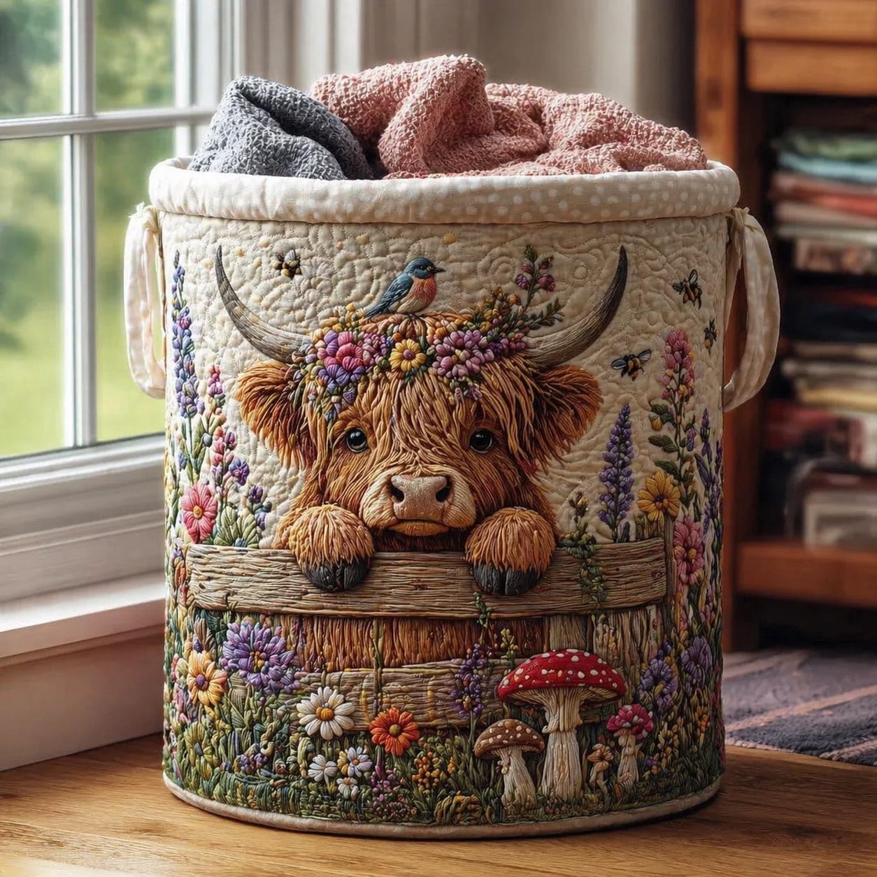 Highland Cow Floral Print Laundry Basket Quilted Storage Organizer with ...
