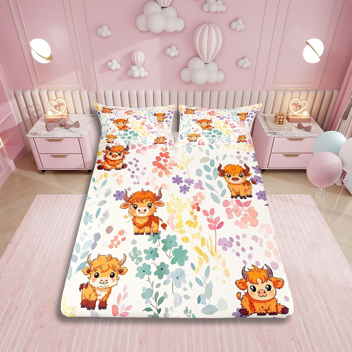 Highland Cow Floral Queen Bed Sheets Set,Western Farmhouse Bull Cattle Bedding Set for Kids ...
