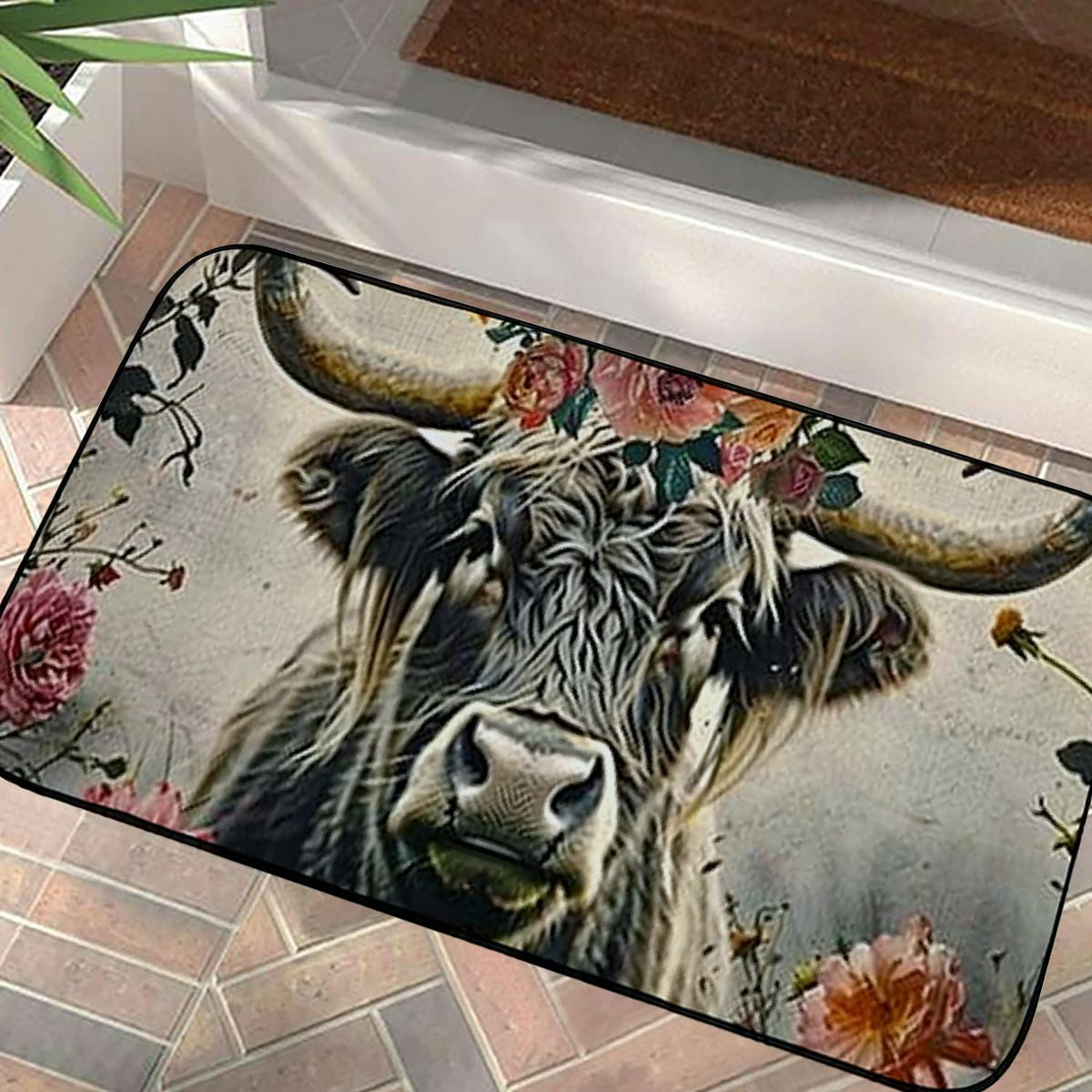 Highland Cow Flower Bath Rugs Bull Cattle Bath Mat Western Funny Animal ...