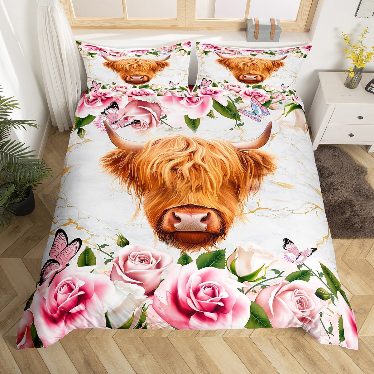 Highland Cow Flower Comforter Cover King Size Bull Cattle Bedding Set ...