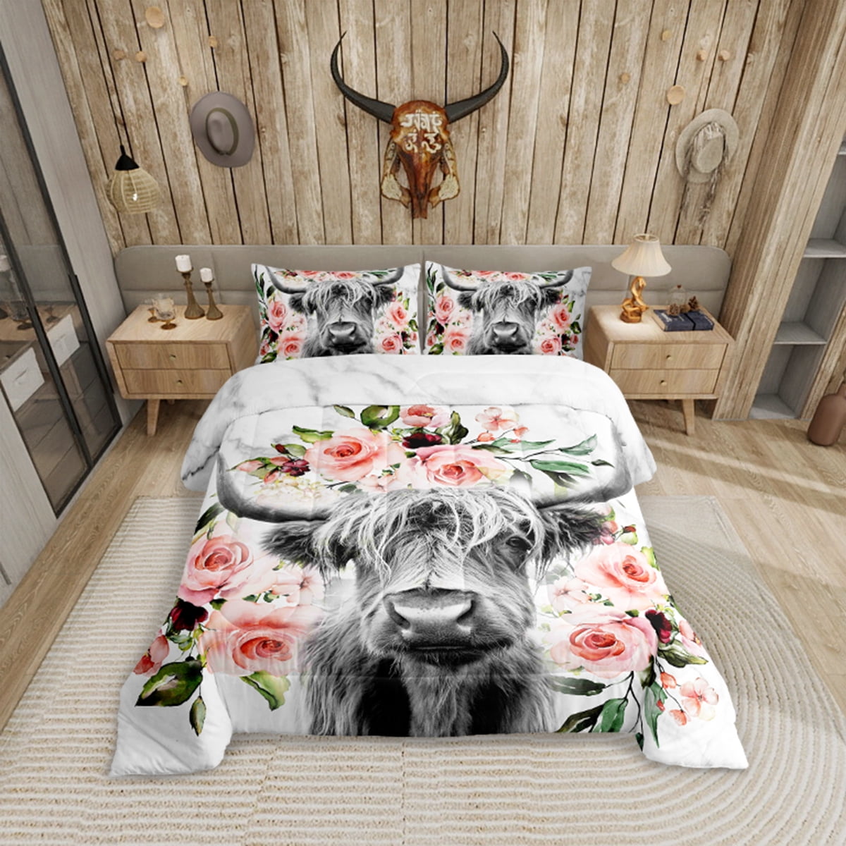 Highland Cow Flower Comforter Set King Size Bull Cattle Bedding Set Western Funny Animal Bedding ...