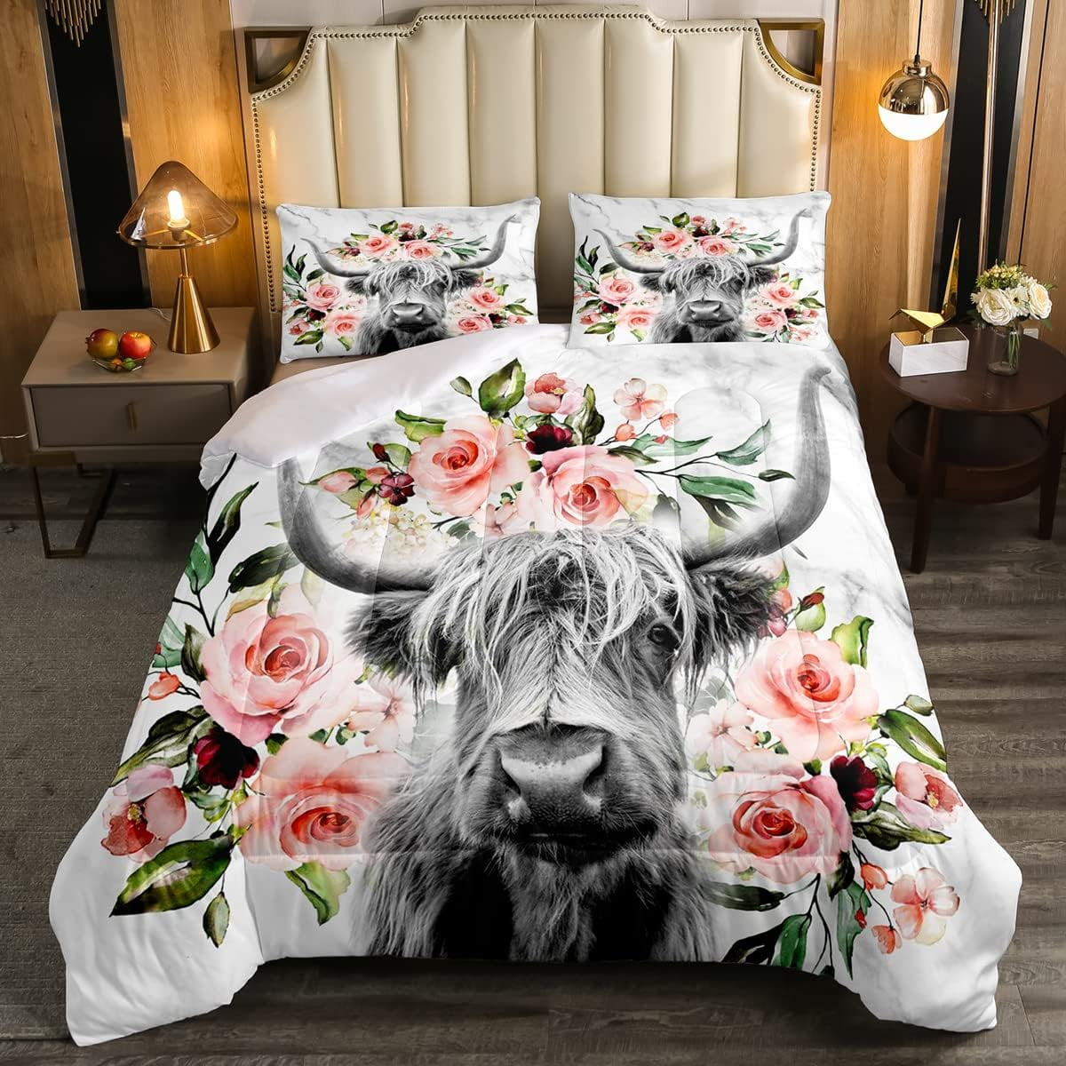Highland Cow Flower Comforter Set Twin Size Bull Cattle Bedding Set Western Funny Animal Bedding ...