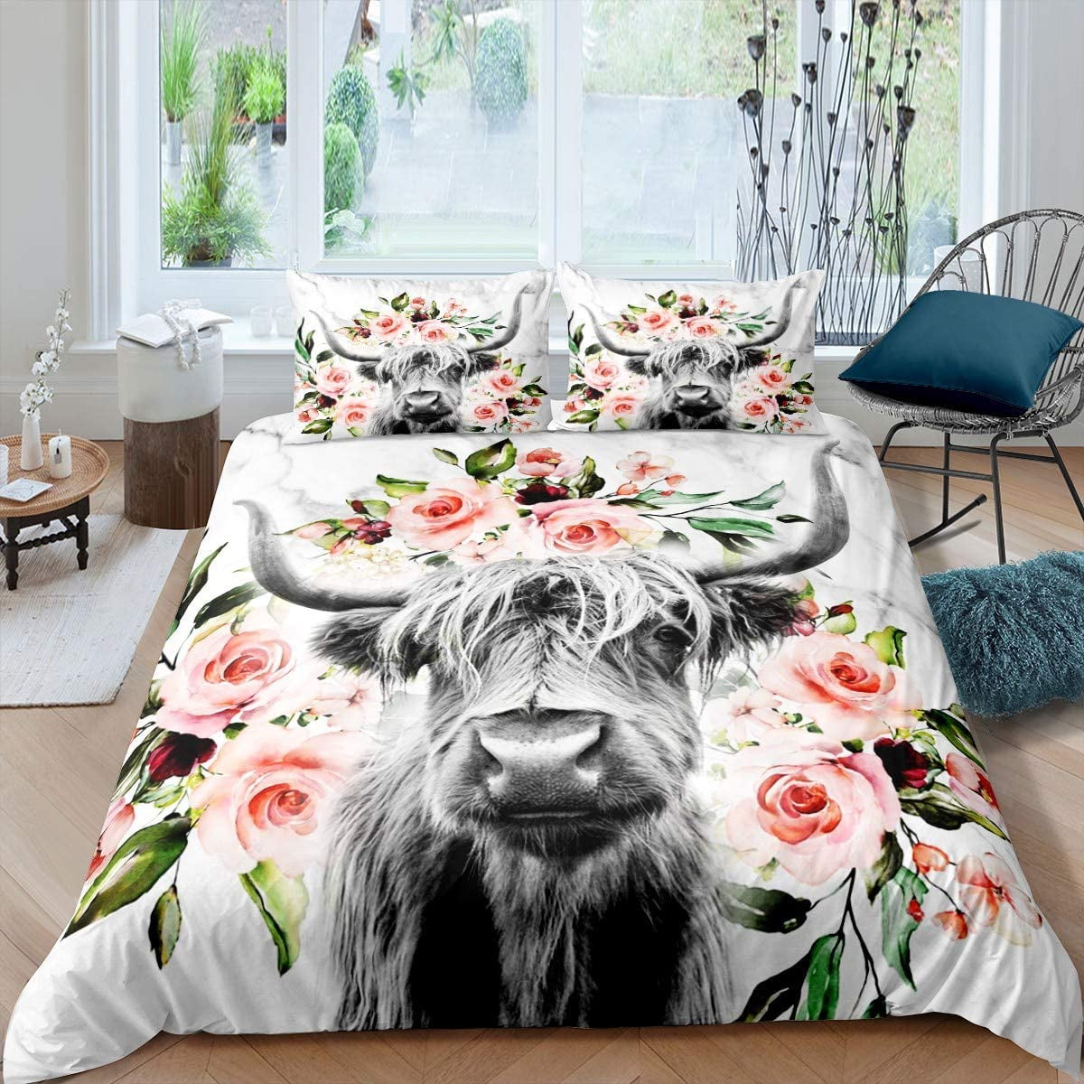 Highland Cow Flower Duvet Cover Bull Cattle Bedding Set Bedroom ...
