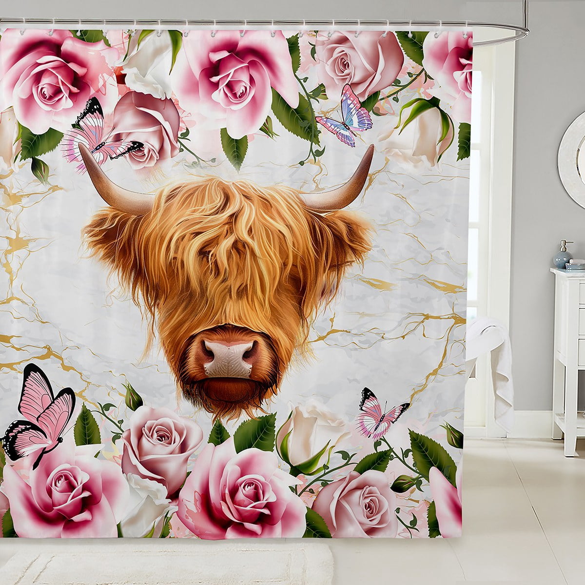 Highland Cow Flower Fabric Shower Curtain Bull Cattle Bathroom Shower ...