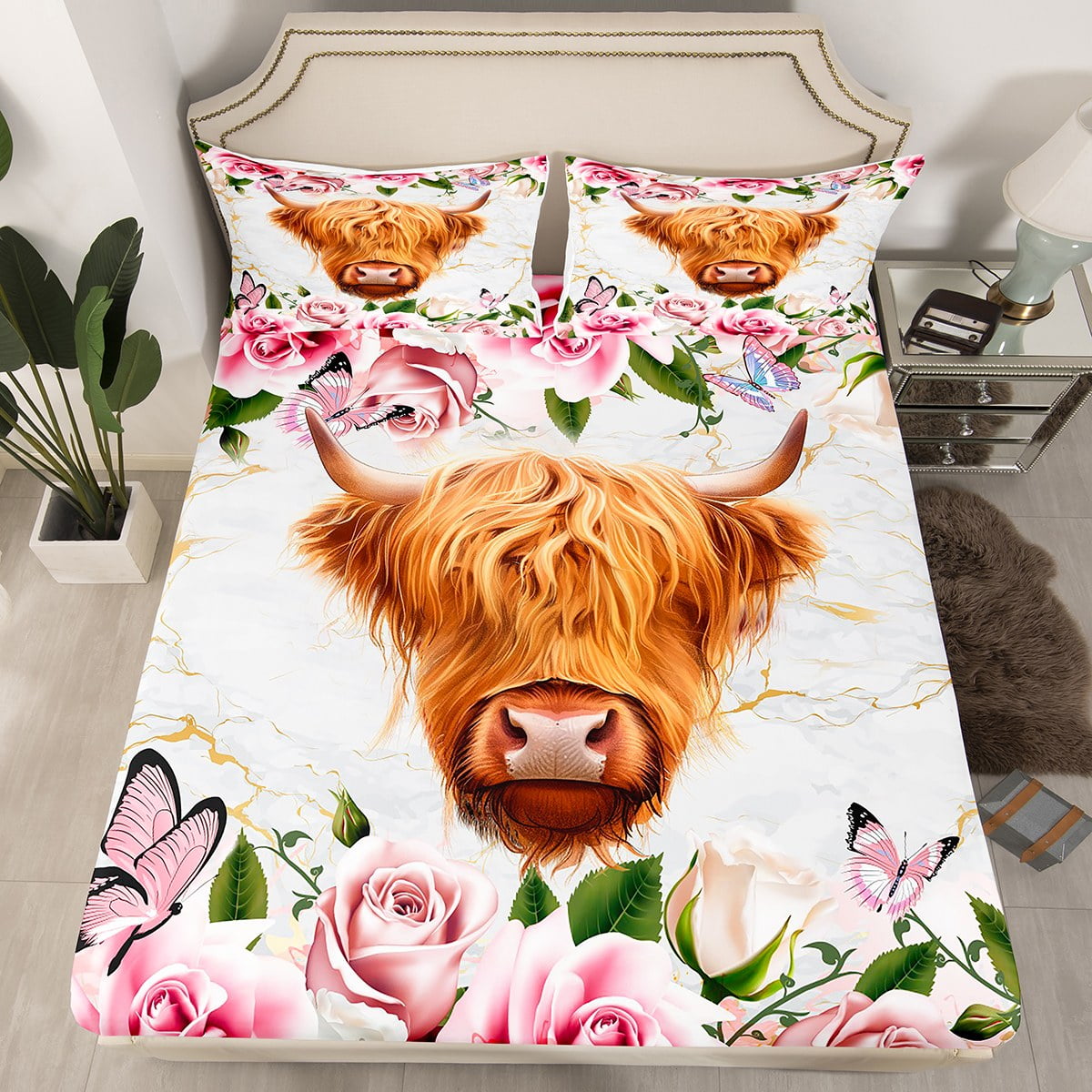 Highland Cow Flower Fitted Sheet Full Size Bull Cattle Bedding Set ...