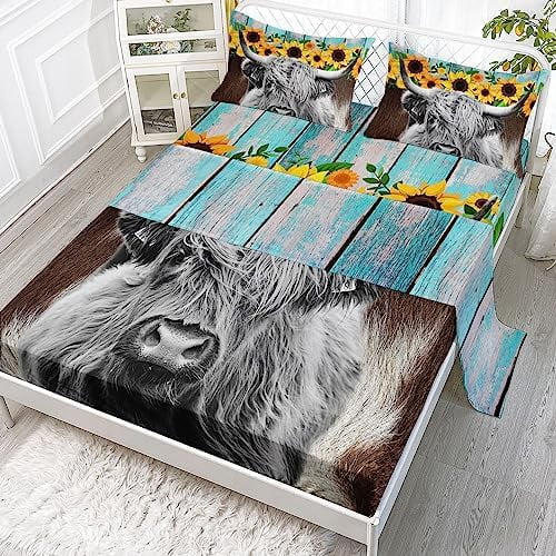 Highland Cow Flower Fitted Sheet Queen Size,Bull Cattle Sheets Set ...