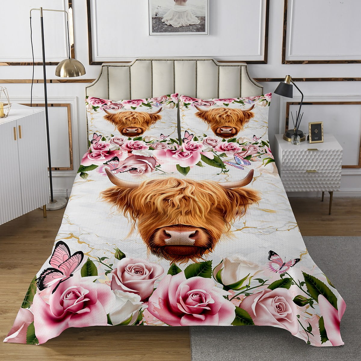 Highland Cow Flower Quilt Set Twin Size Bull Cattle Bedspread Set, Western Funny Animal Coverlet ...
