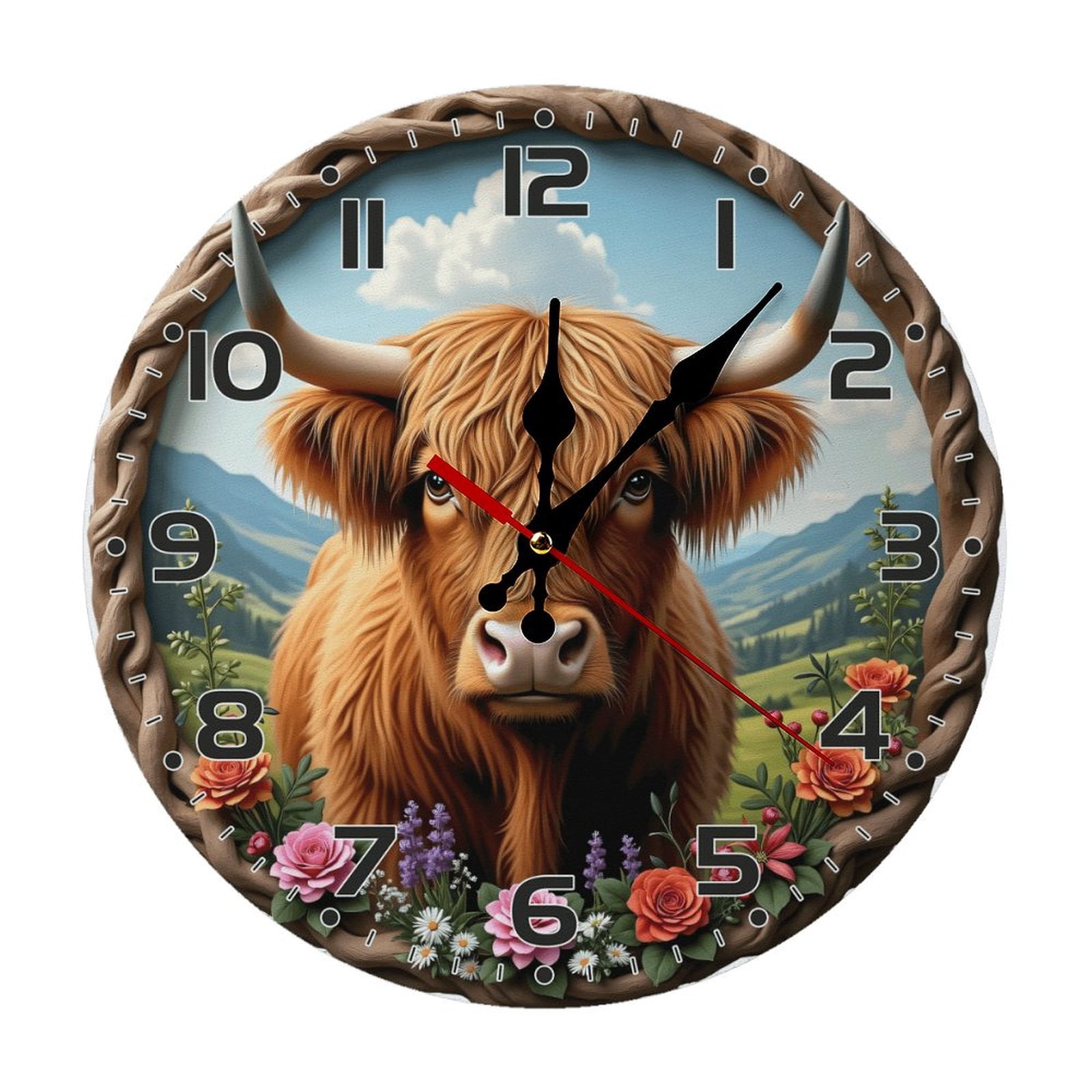 Highland Cow Flower Wall Clock 10 Inch Silent Non Ticking Round Wooden ...