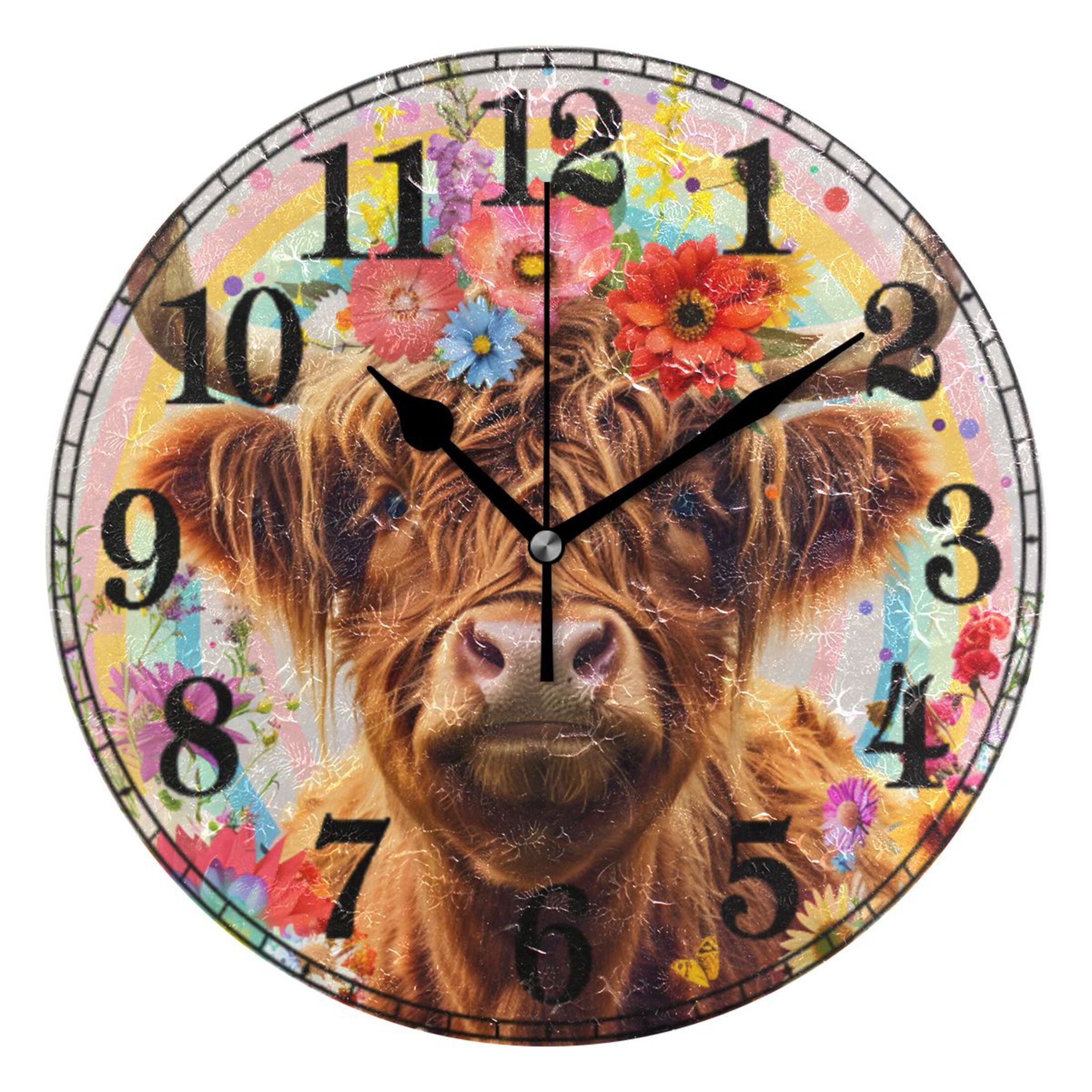 Highland Cow Flowers Rainbow Silent Wall Clock 10" Non-Ticking Battery ...