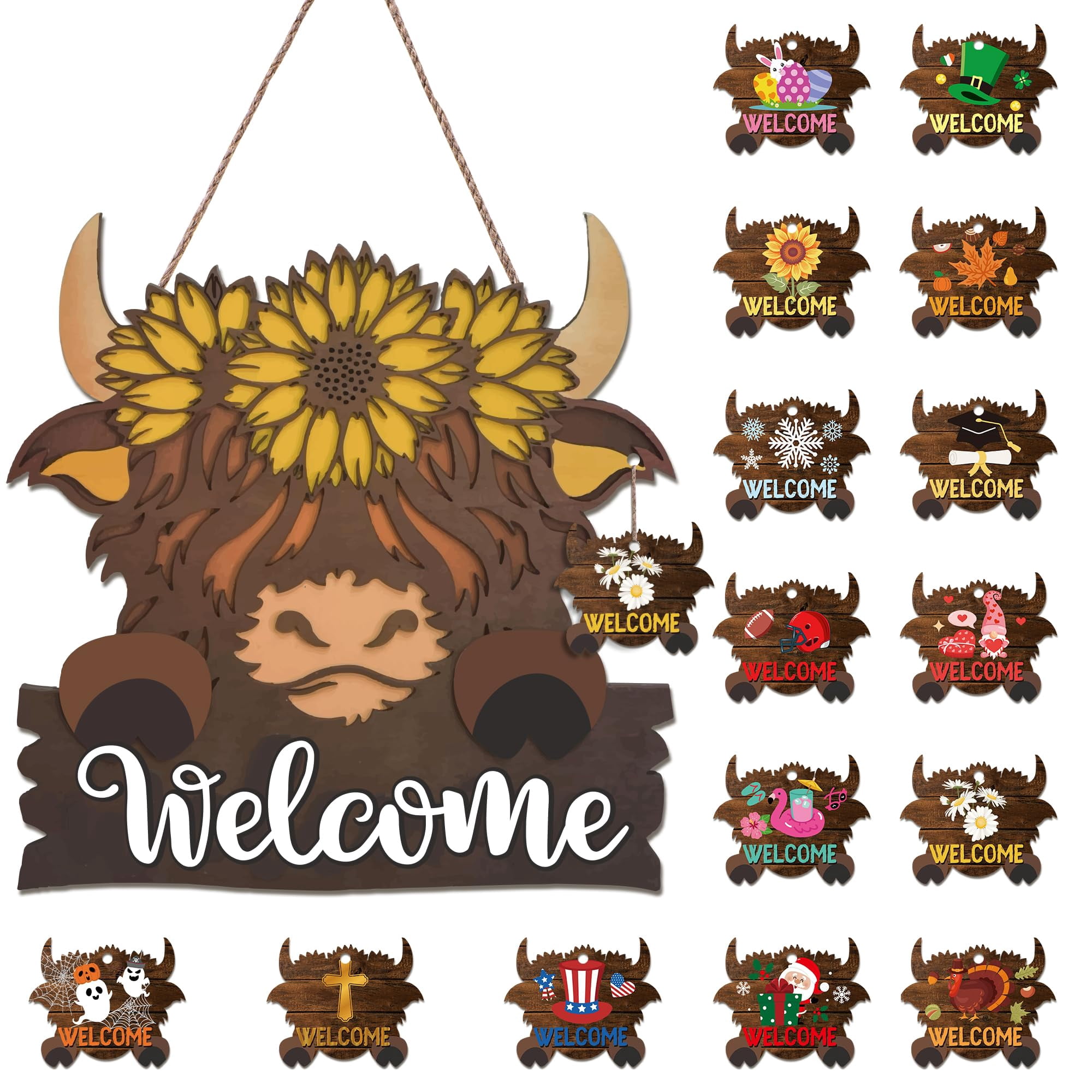 Highland Cow Front Door Decorations - ATT1Interchangeable Welcome Sign ...