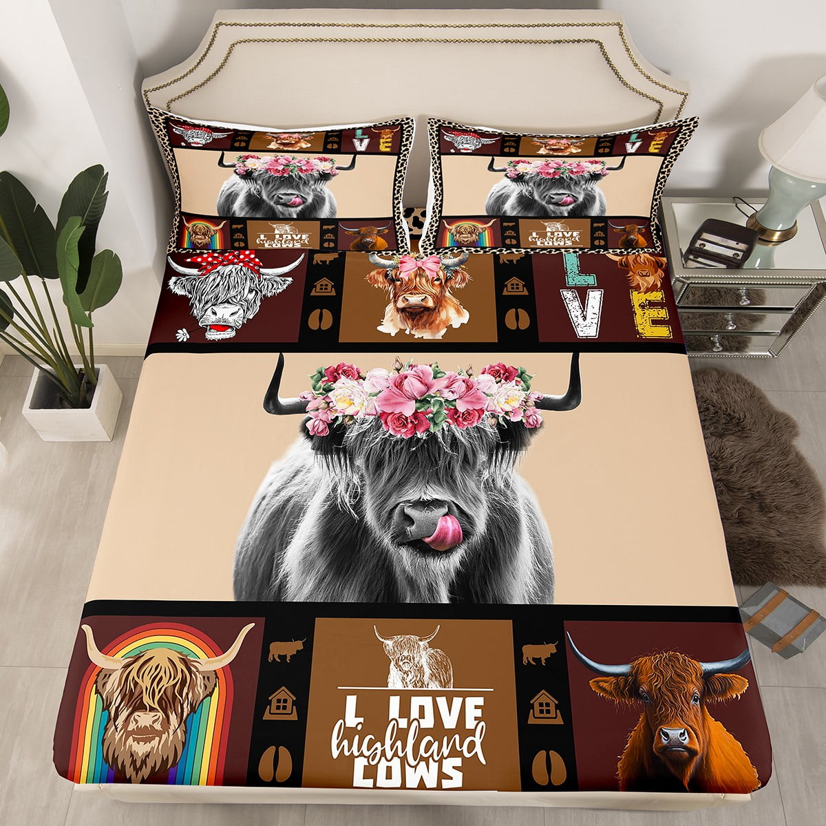 Highland Cow Full Bed Sheets ,Longhorn Bull Cattle Bedding Set Farm Animals Cow Print Fitted ...