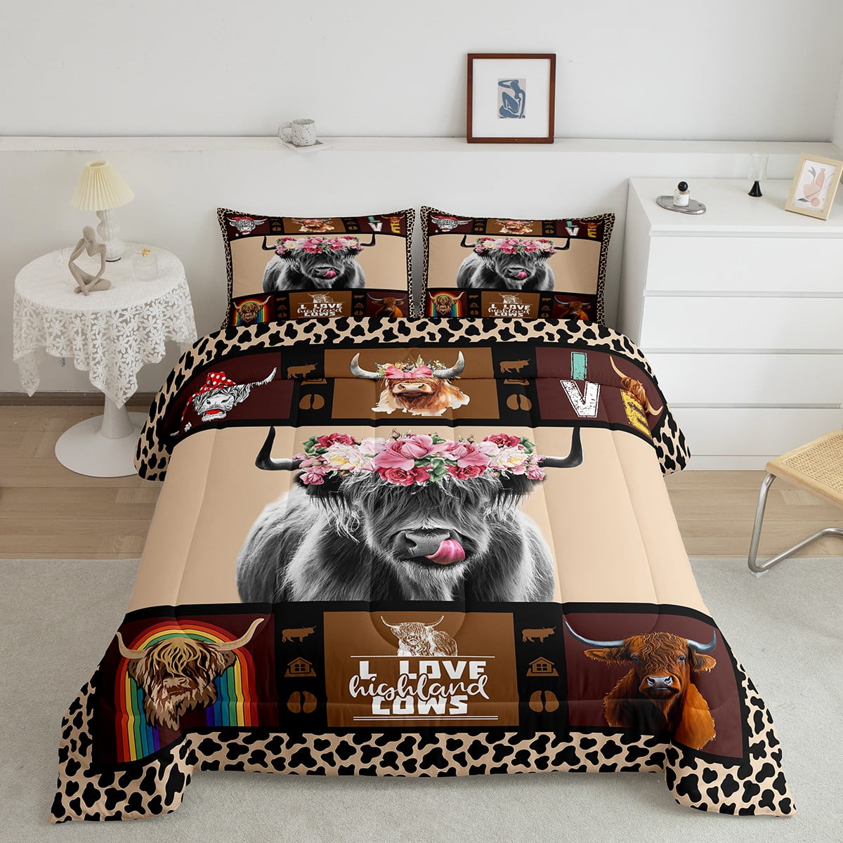 Highland Cow Full Bedding Set,Longhorn Bull Cattle Quilt Farm Animals ...