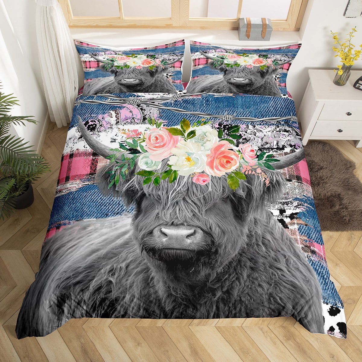 Highland Cow Full Bedding Set for Boys,Pink Checked Plaid Comforter ...