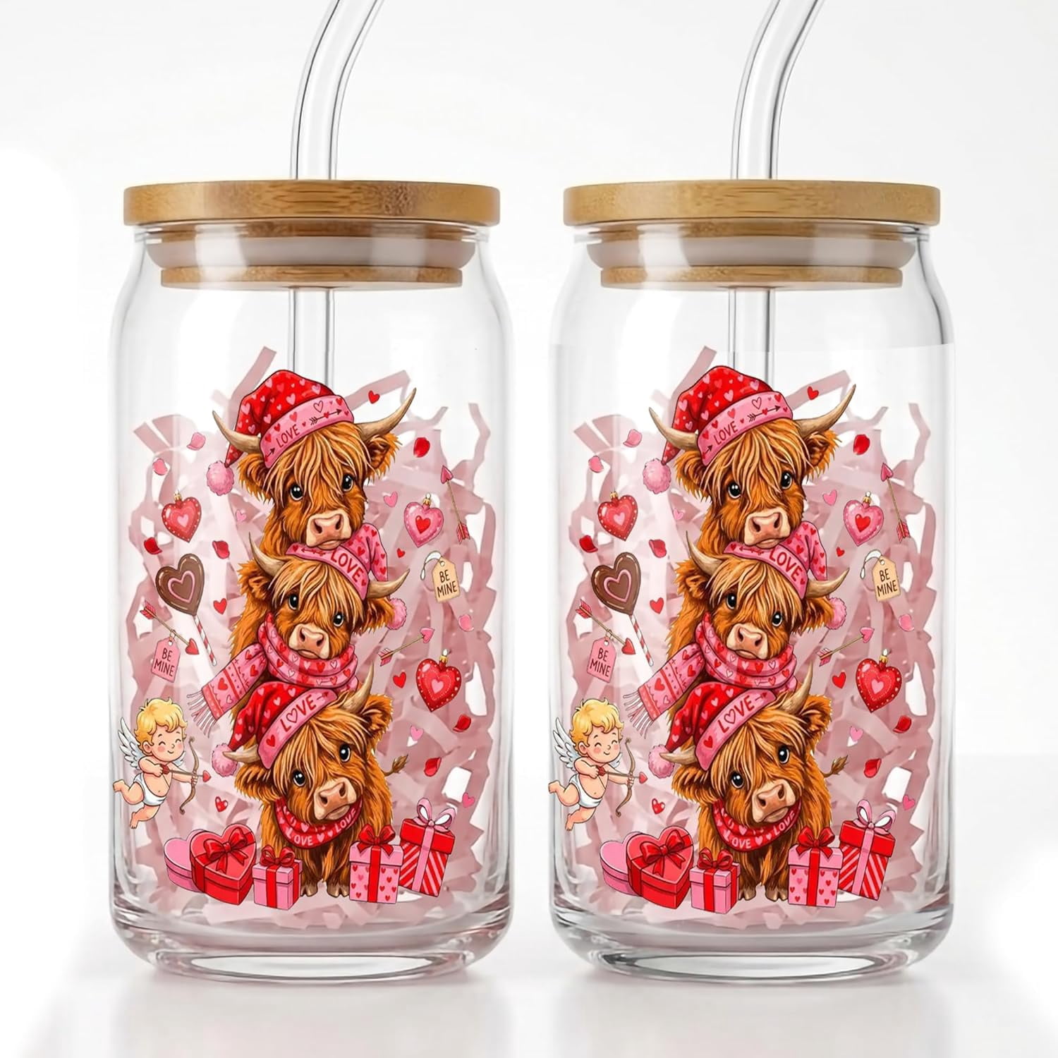 Highland Cow Glass Cup with Stained, RetroValentine Coquette Design Can ...