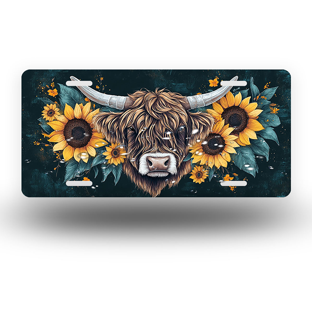 Highland Cow Head with Sunflowers on Dark Background Front License ...
