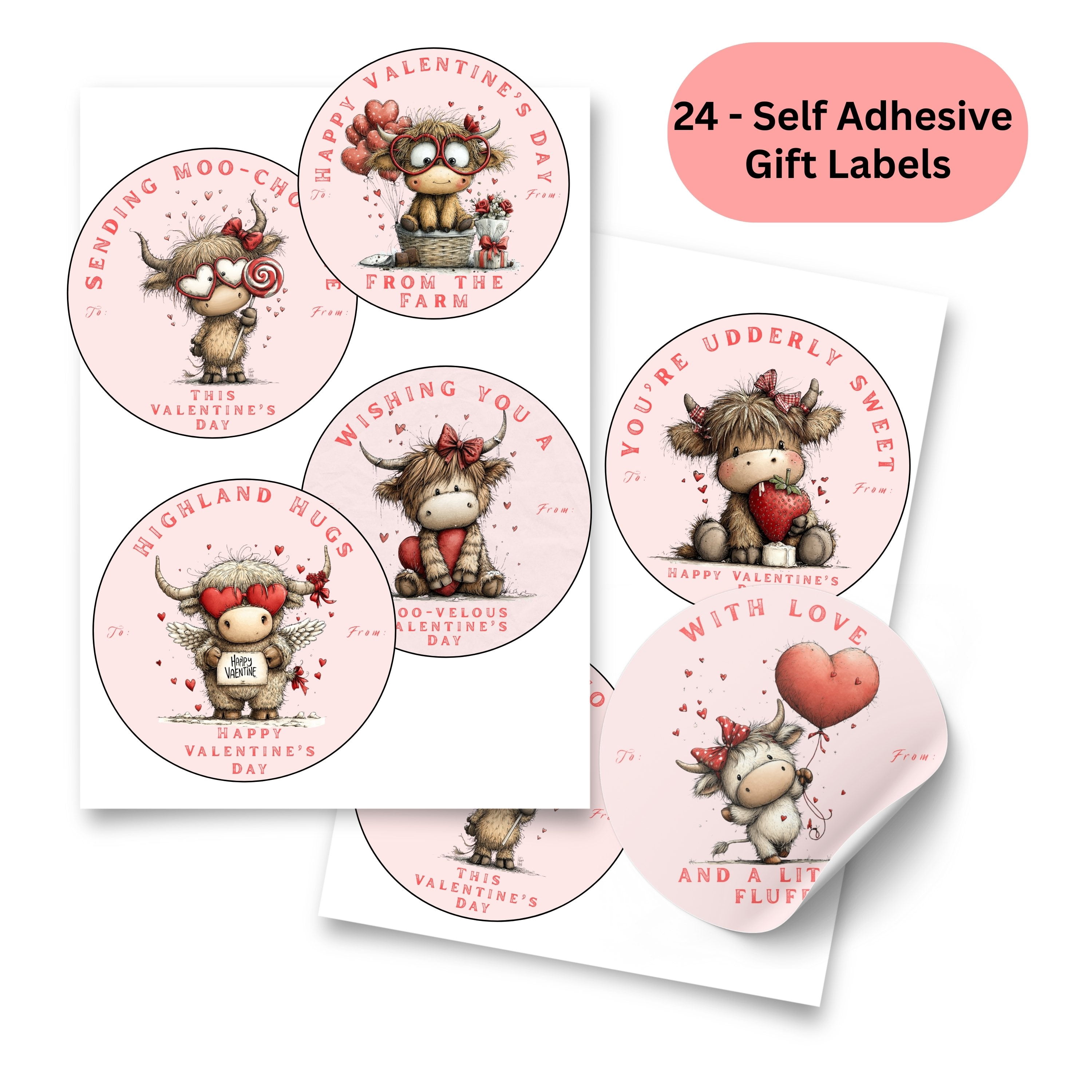 Highland Cow Hugs Themed Valentines Day Gift Tag Sticker Labels for ...