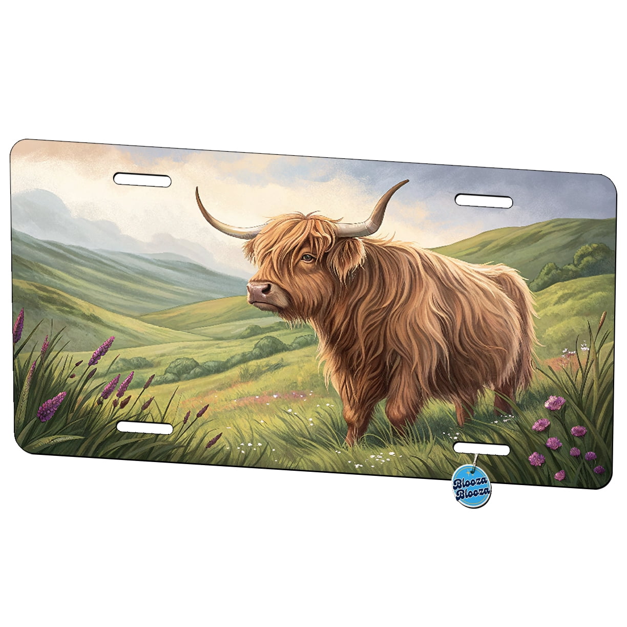 Highland Cow In Rolling Green Meadow Metal Novelty License Plate ...