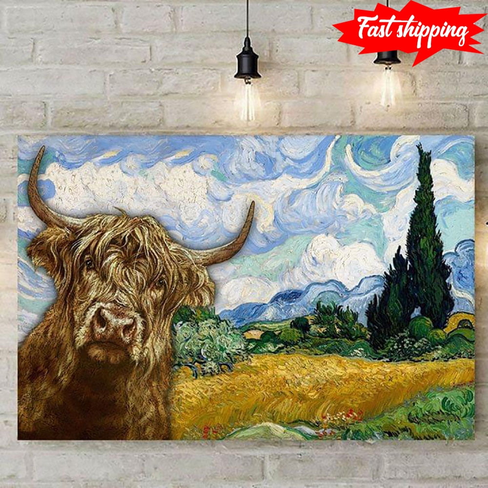 Highland Cow In Wheat Field With Cypresses Vincent Van Gogh 16 x 24 ...