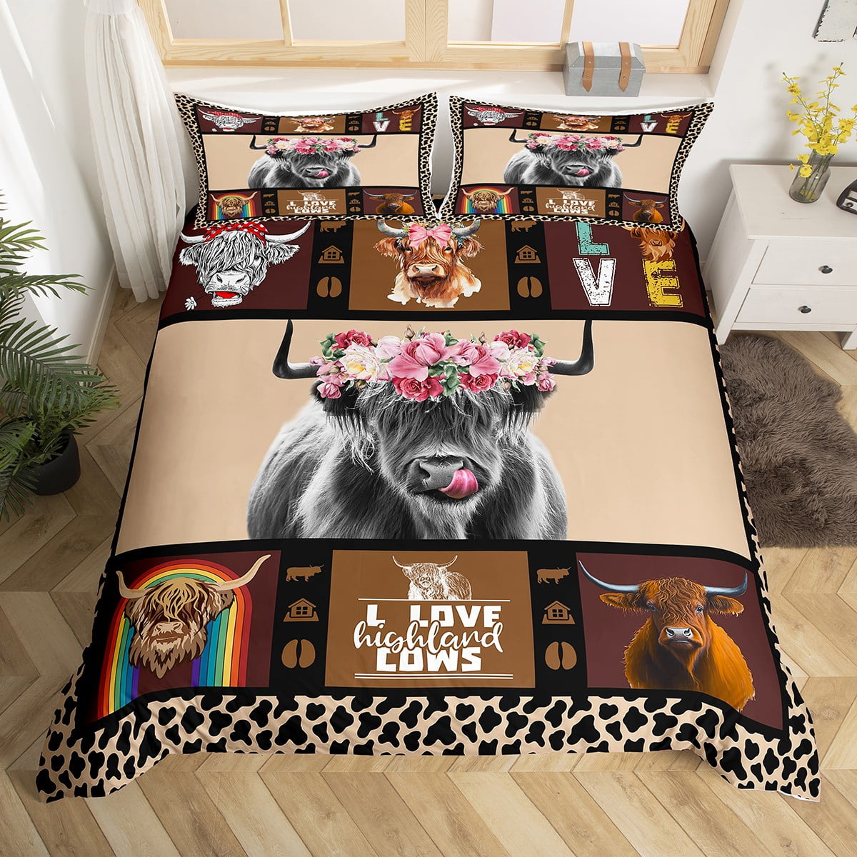 Highland Cow King Bedding Set,Longhorn Bull Cattle Comforter Cover Farm Animals Cow Print Duvet ...