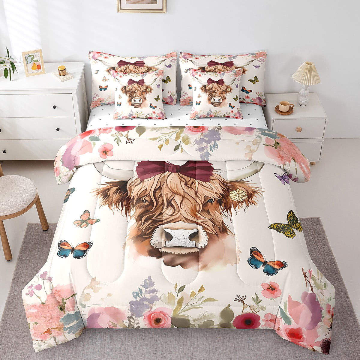 Highland Cow King Size Comforter Sets - Bedding Sets 7 Pieces,Garden Flowers Butterfly Bed in a ...