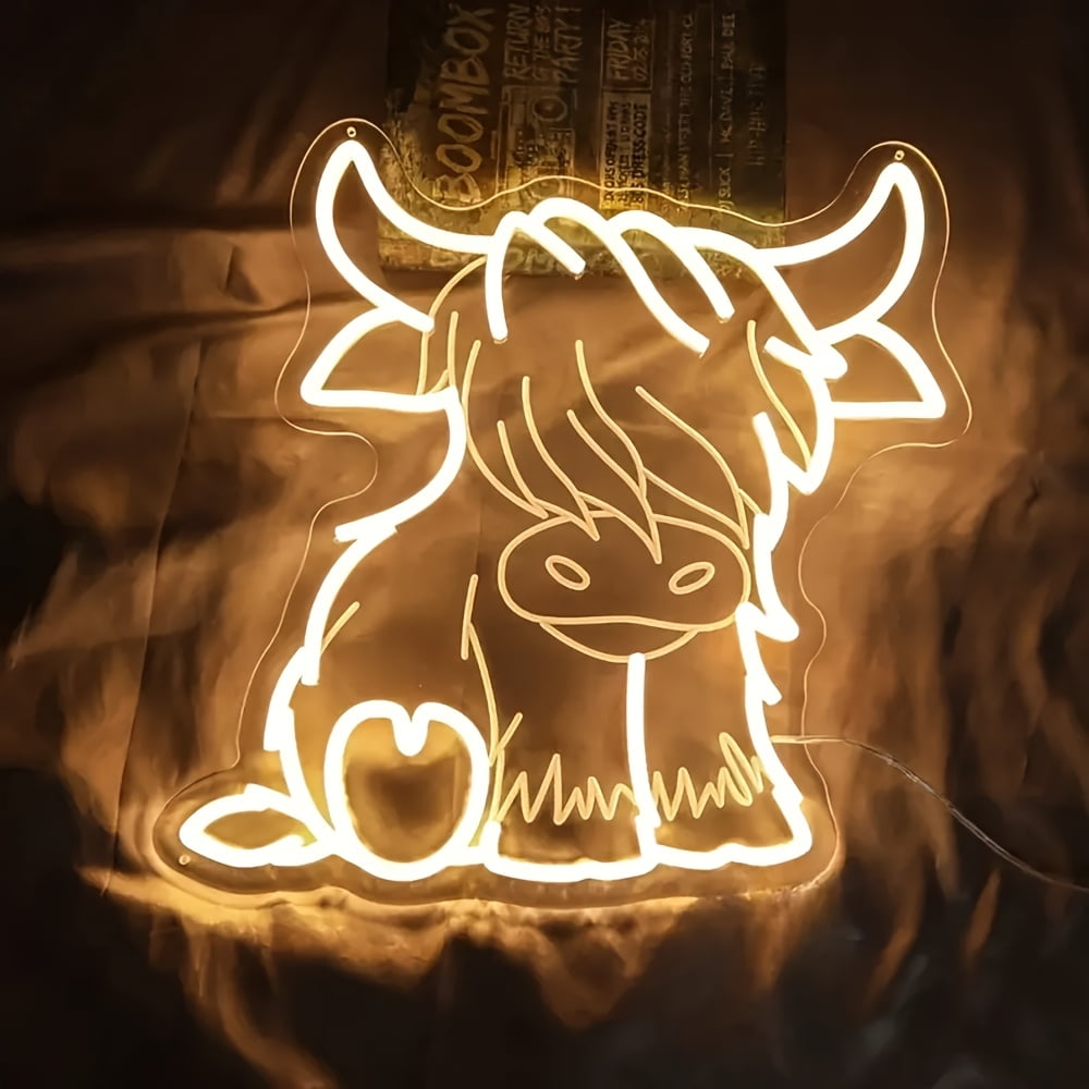Highland Cow LED Neon Sign - USB-powered wall decor with a cute ...
