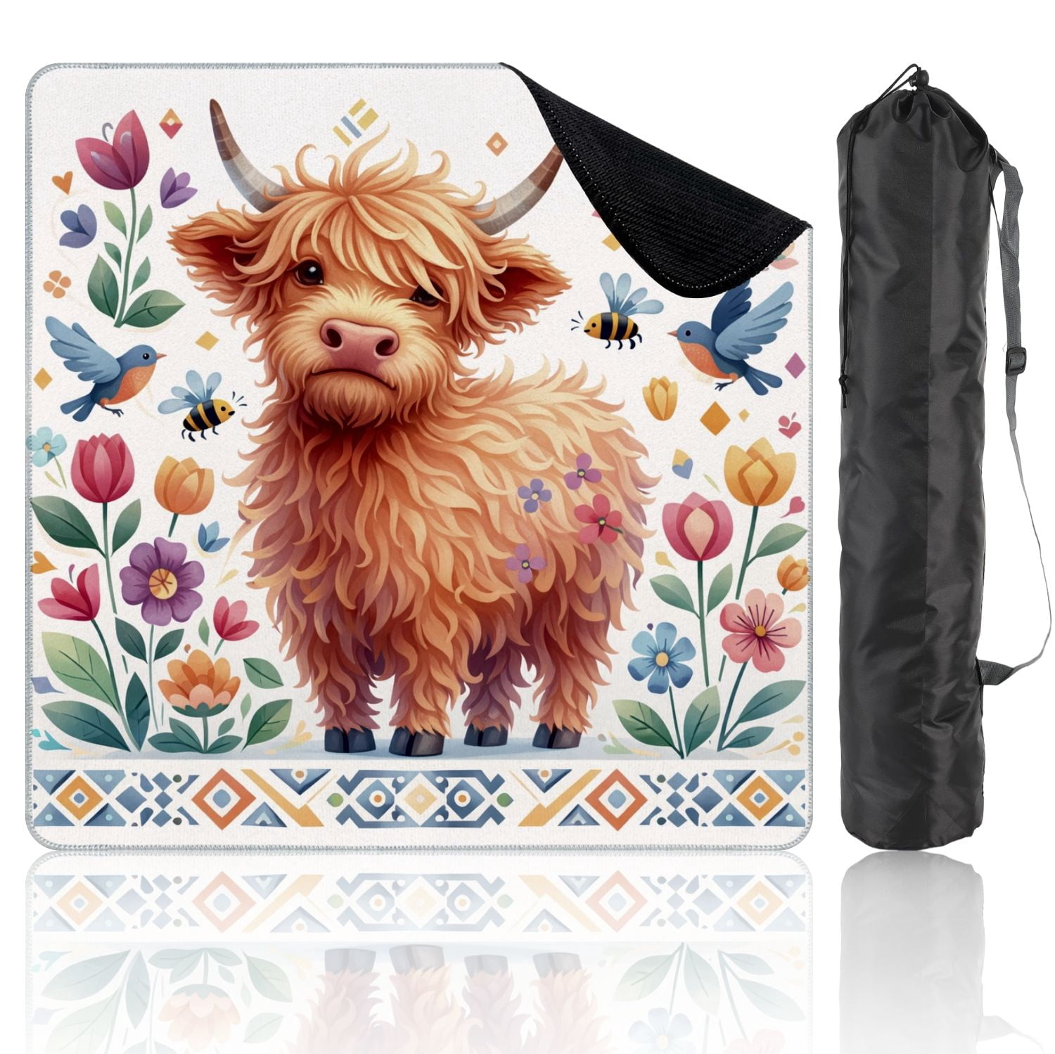 Highland Cow Mahjong Mat 31.5" x 31.5" Cute Highland Cow Flowers Birds ...