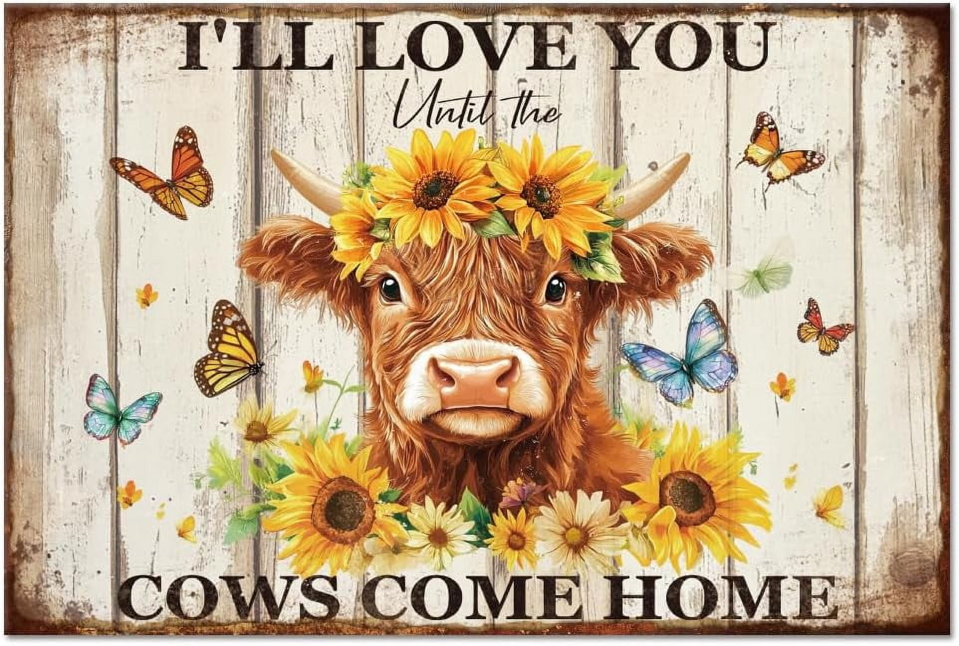 Highland Cow Metal Tin Sign 8x12in Vintage Flower Butterfly Painting ...