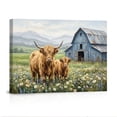 Highland Cow Mother And Calf In Wildflower Field With Rustic Blue Barn ...