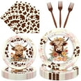 96 Pcs Highland Cow Party Supplies Tableware Brown Disposable Plates ...