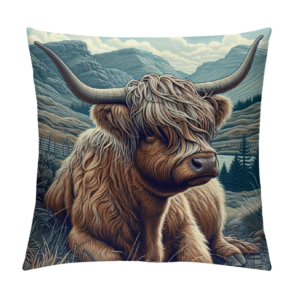 Highland Cow Pillow Cover Cow Home Decorative Pillows Cover， Linen ...