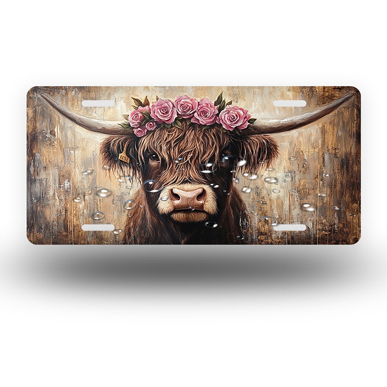 Highland Cow with Pink Roses on Horns Front License Plate,Metal License ...