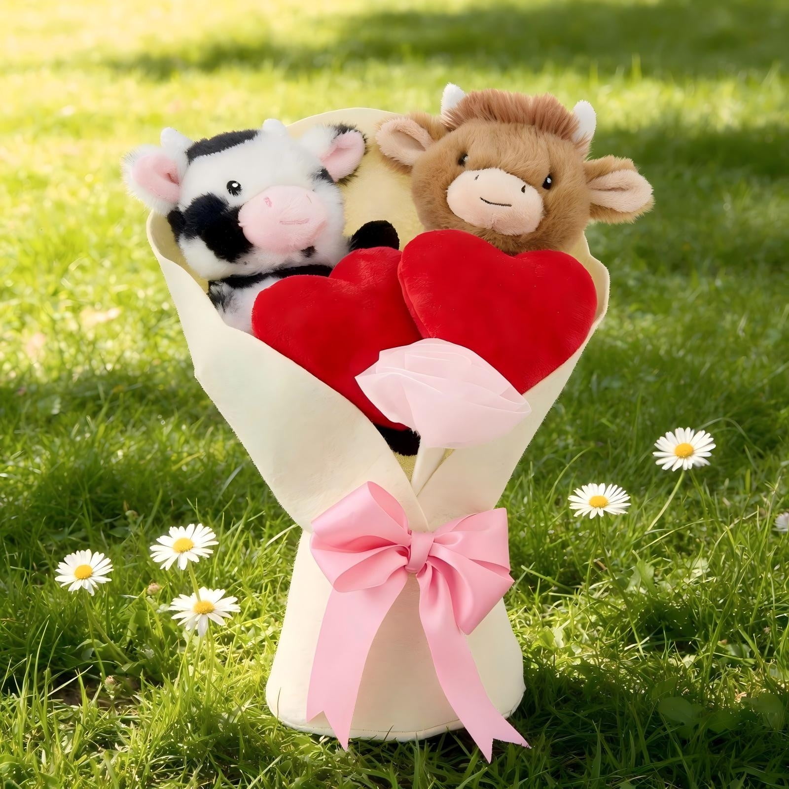 Highland Cow Plush Bouquet with Fabric Flowers, Stuffed Plush Cow Gift ...