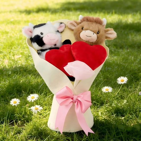 Highland Cow Plush Bouquet with Fabric Flowers, Stuffed Plush Cow Gift ...