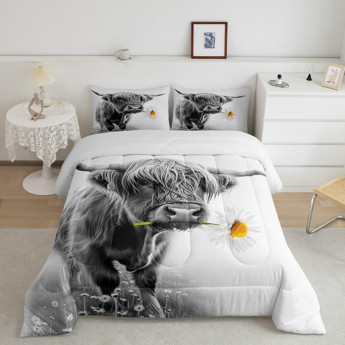 Highland Cow Print Bedding Set Full,Grey Cow Print Comforter Set for ...