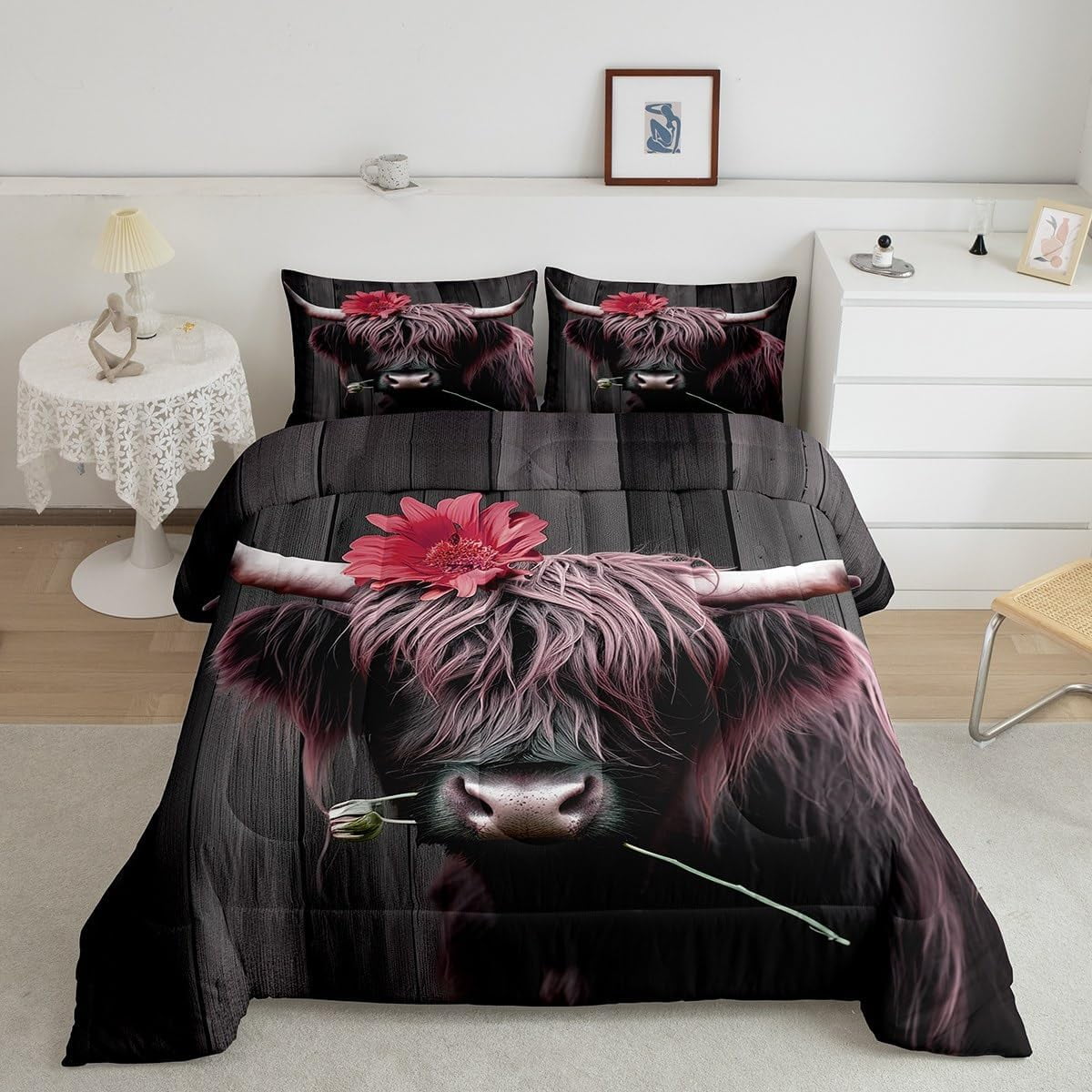 Highland Cow Print Bedding Set Full,Grey Cow Print Comforter Set for ...