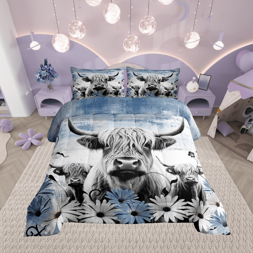 Highland Cow Print Comforter Set Queen,Blue Western Farmhouse Bedding ...