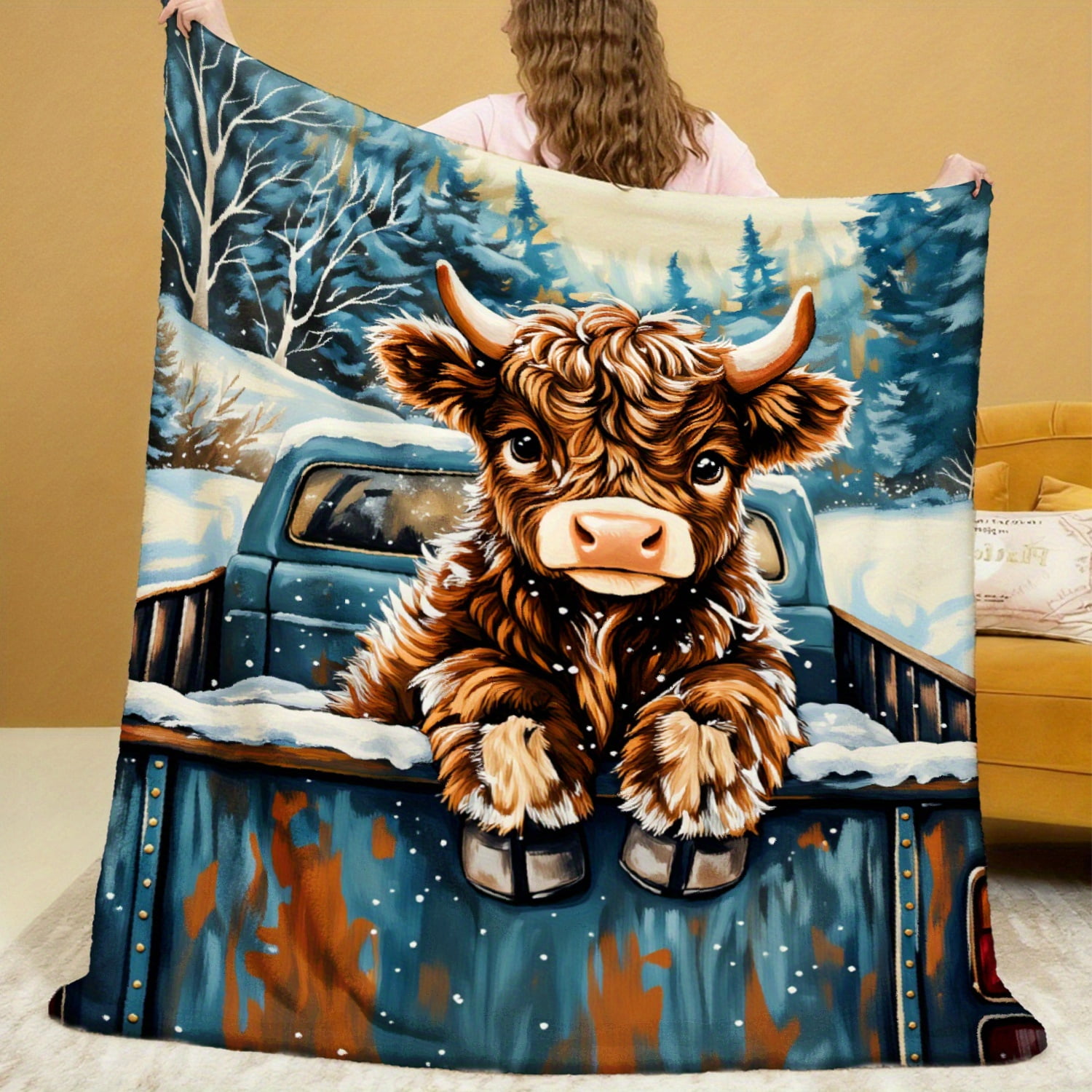 Highland Cow Print Flannel Blanket Winter Snowy Cedar Design Soft Warm ...