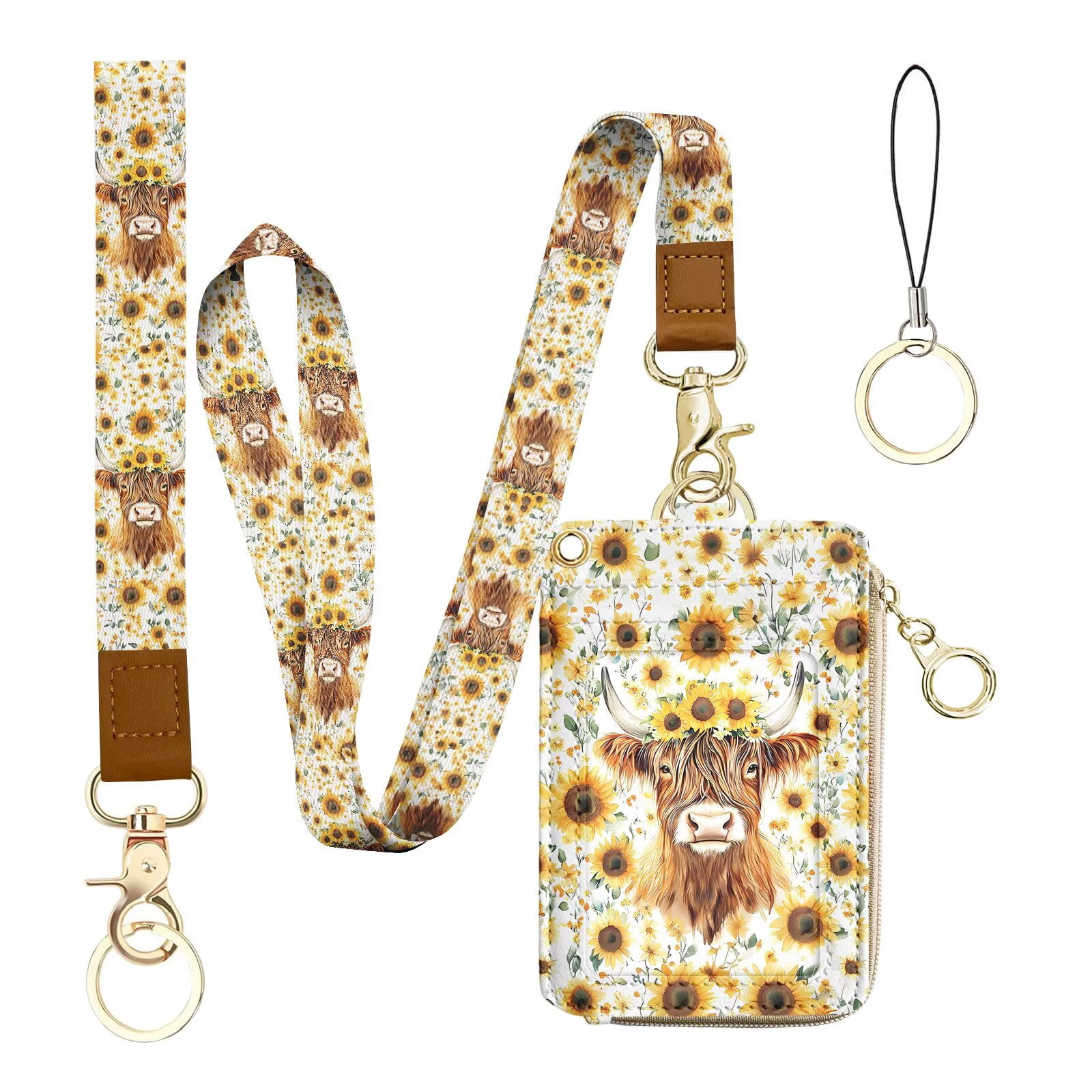 Highland Cow Print Lanyard Wallet, Cute Sunflower Lanyard with Wallet ...